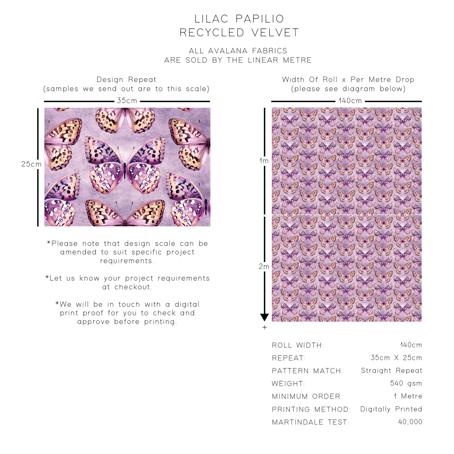 Lilac Papilio Recycled Velvet Fabric - Avalana Design